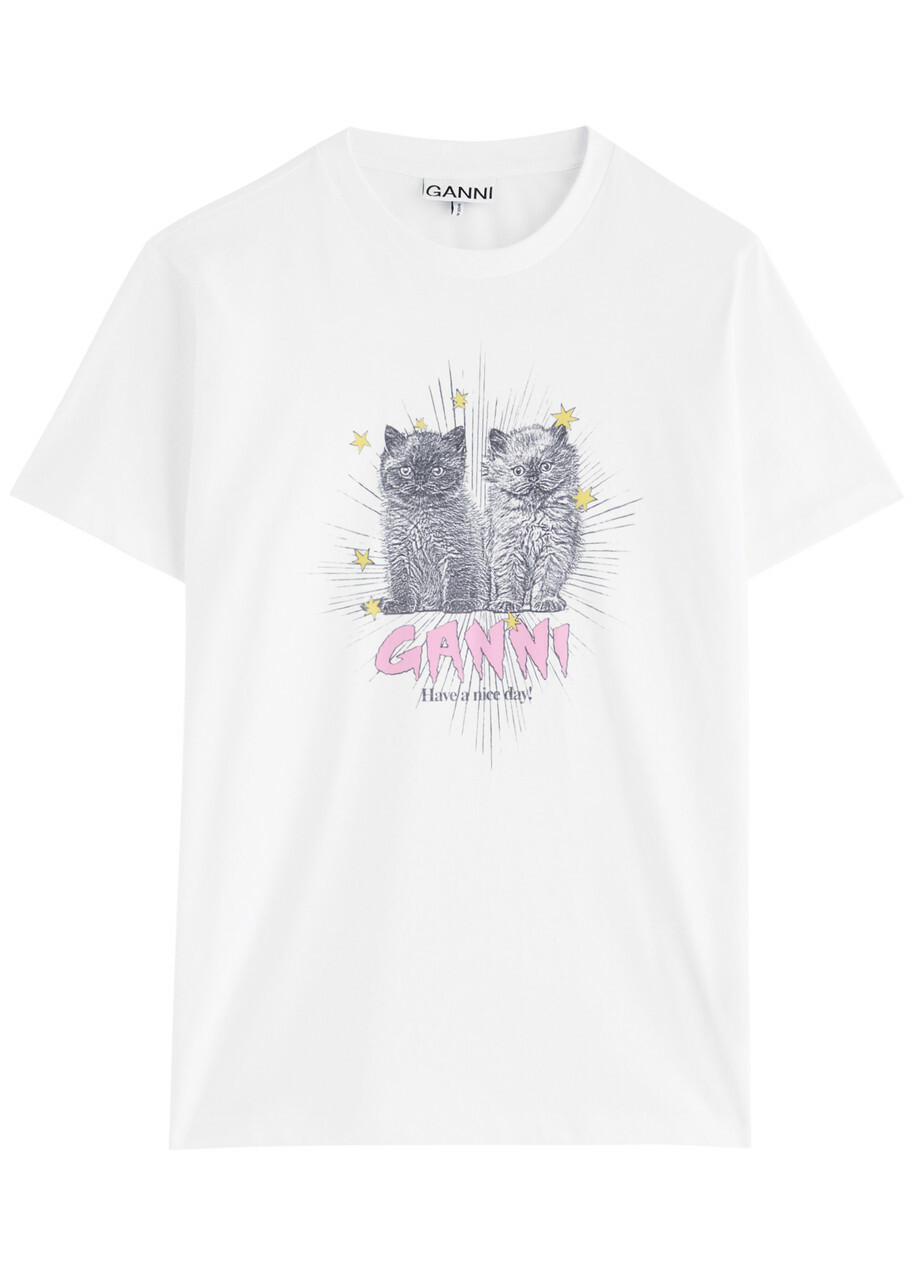Ganni Logo Printed Cotton T-shirt White GANNI