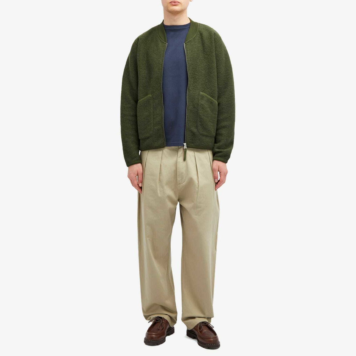 Universal Works Men's Wool Fleece Zip Bomber Jacket in Olive Universal ...