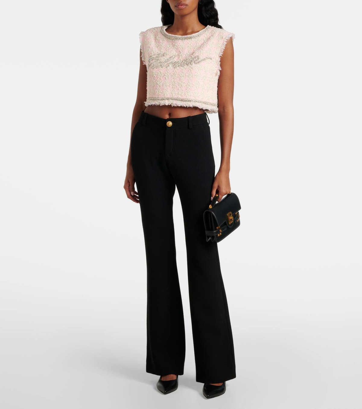 Balmain Logo embellished bouclé crop top Balmain