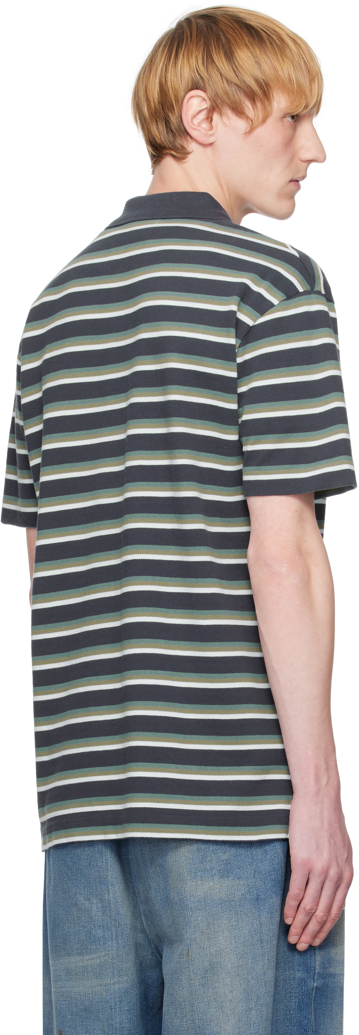 Maison Kitsuné Navy & Green Profile Fox Patch Tri Color Stripes Polo ...