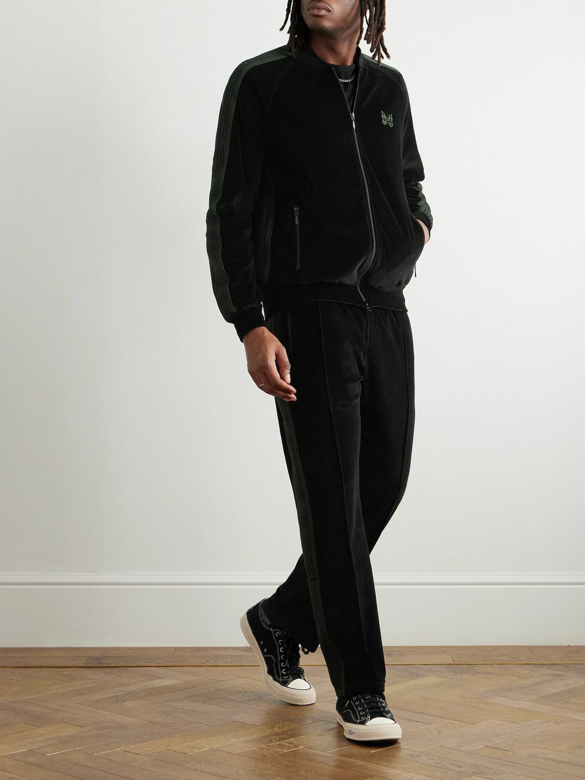 Needles - Logo-Embroidered Velour Zip-Up Sweatshirt - Black Needles