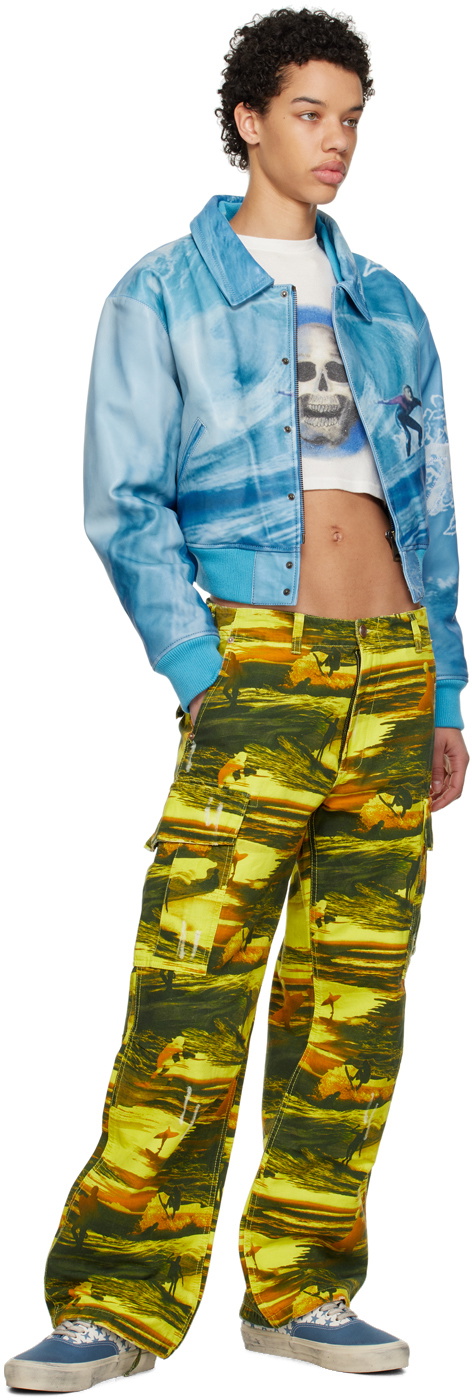 ERL Blue Graphic Leather Bomber Jacket ERL