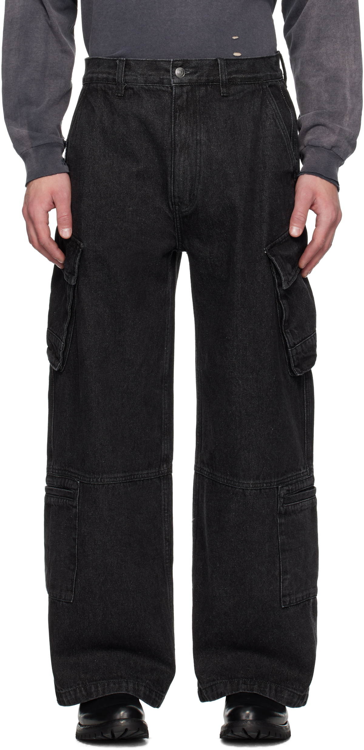 Izzue Black Faded Denim Cargo Pants Izzue