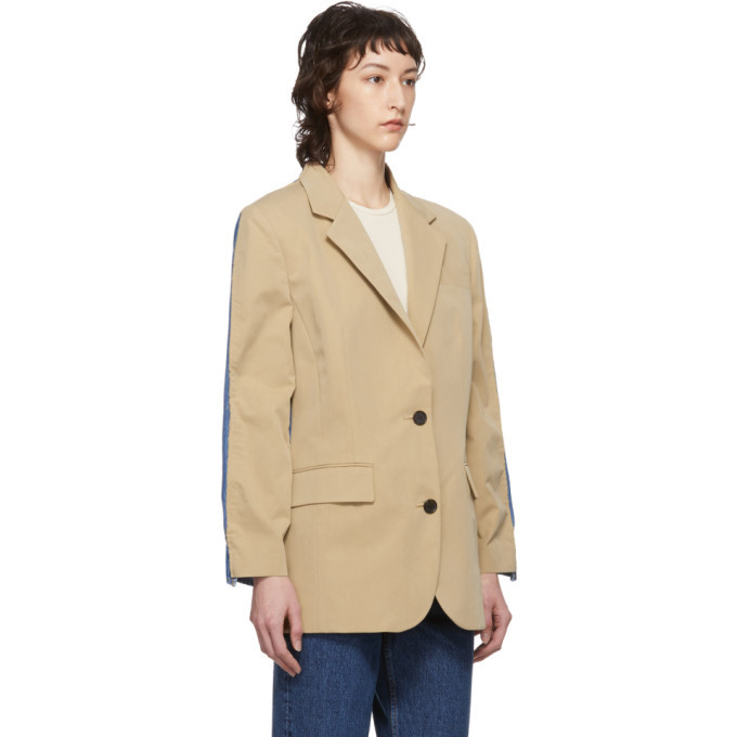 Pushbutton Beige and Blue Mixed Fabric Blazer Pushbutton