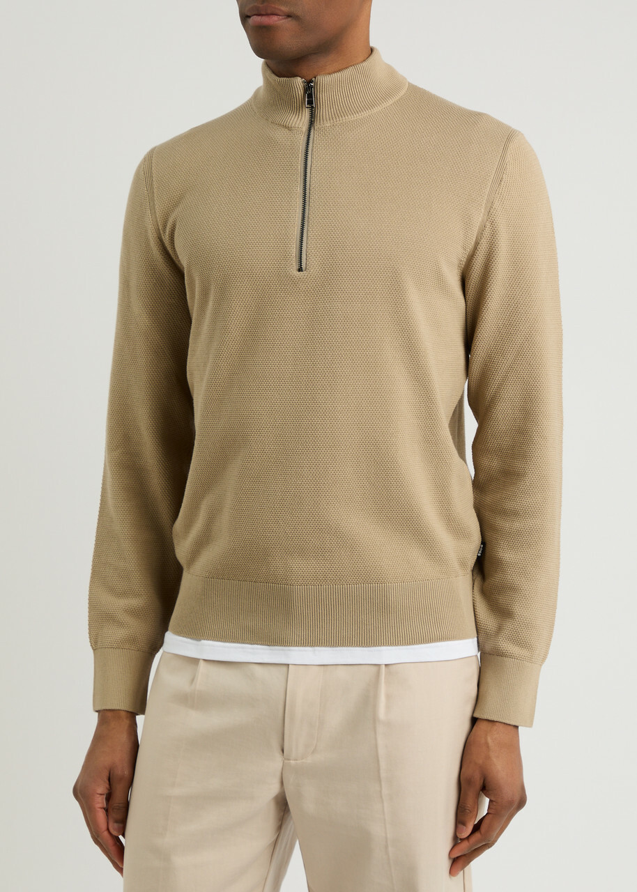 Boss Textured Half-zip Cotton Jumper Beige BOSS