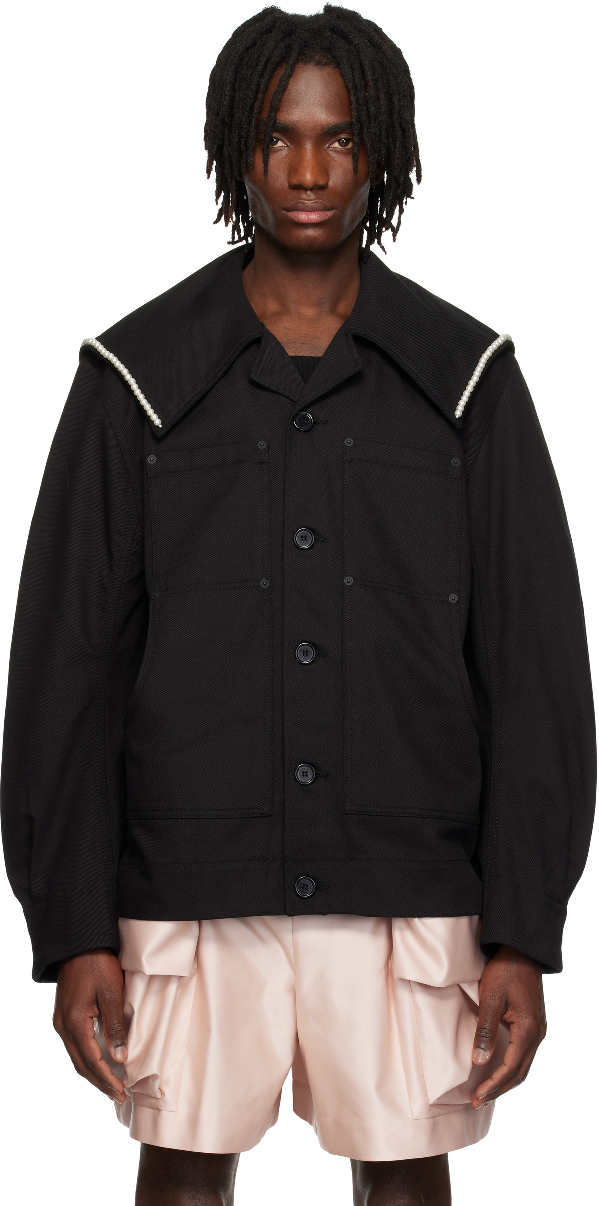 Simone Rocha Black Beaded Sailor Collar Workwear Jacket Simone Rocha