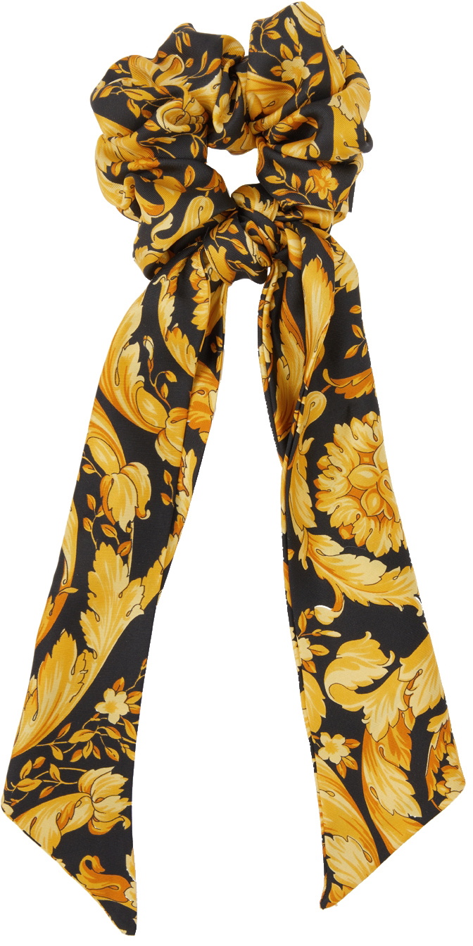 Versace Black & Gold Silk Barocco Scrunchie Versace