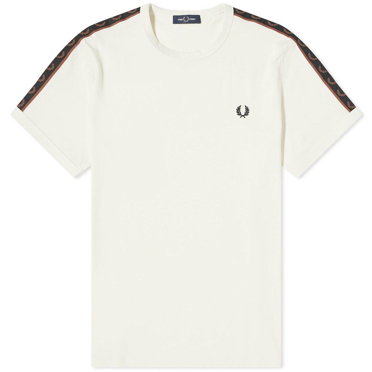Fred Perry Men's Contrast Tape Ringer T-Shirt in Ecru/Whisky Brown Fred ...