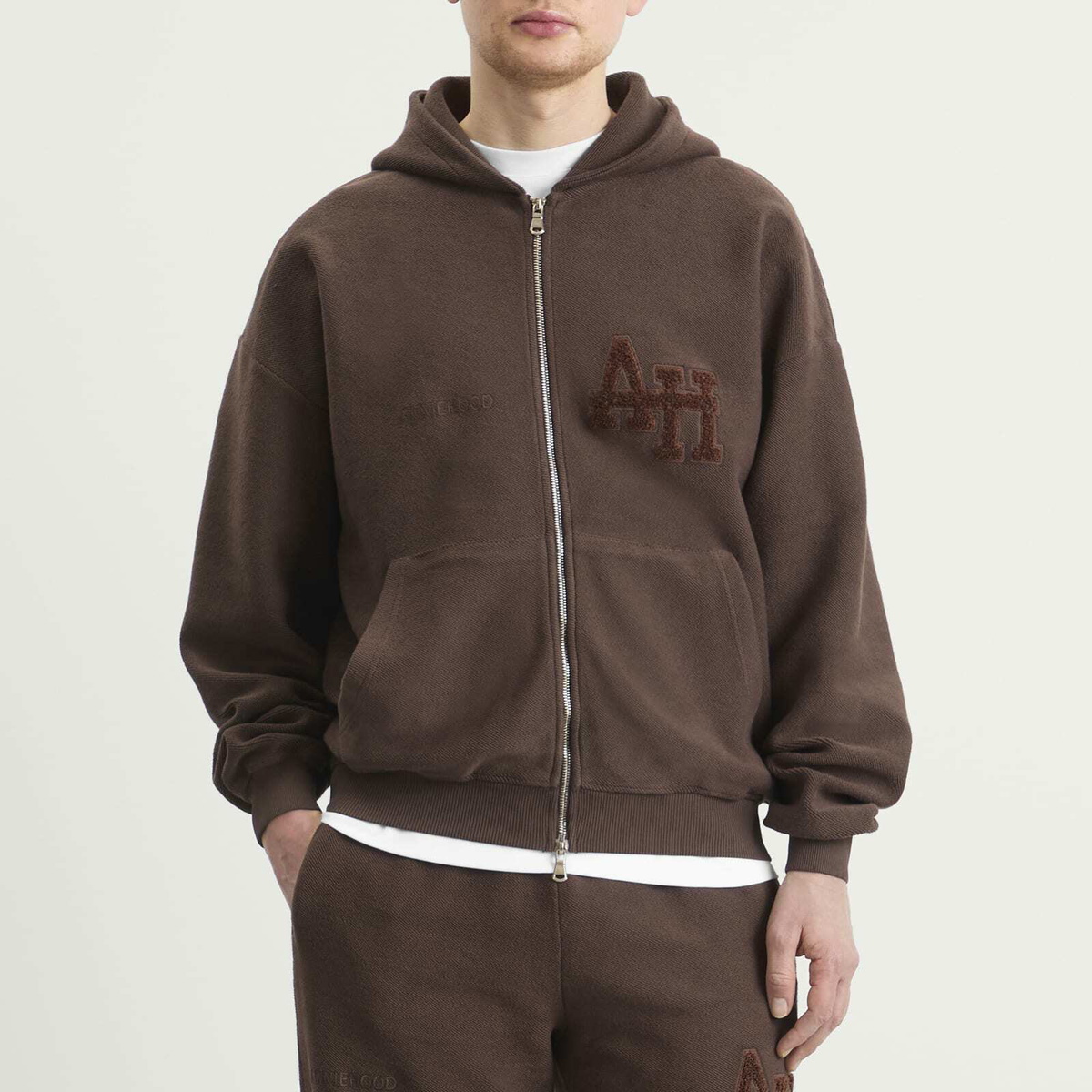 ANNIE HOOD Men's Inside Out College Zip Hoodie in Washed Brown ANNIE HOOD