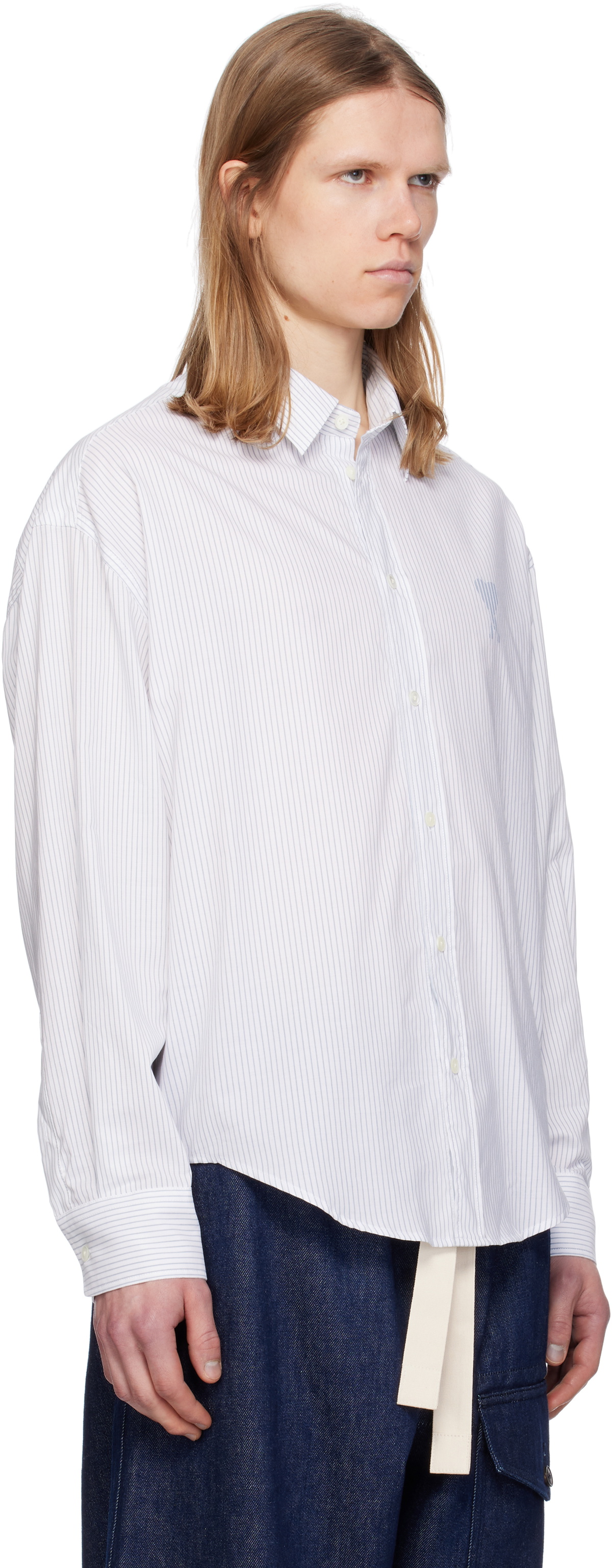 AMI Paris White & Blue Cotton Boxy Fit Shirt AMI