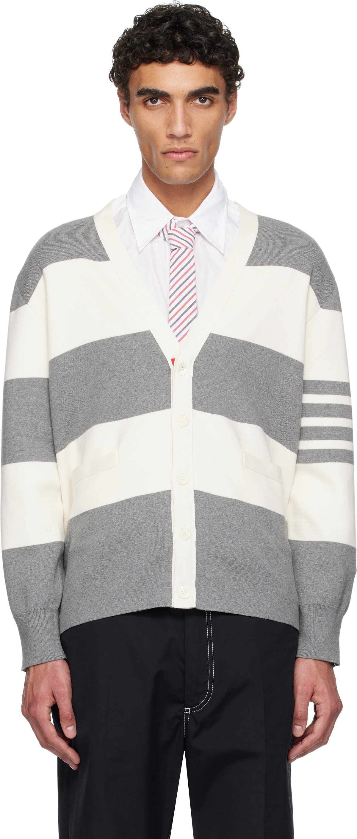 Thom Browne Gray & Off-White Rugby Stripe Milano Stitch V Neck Cardigan ...