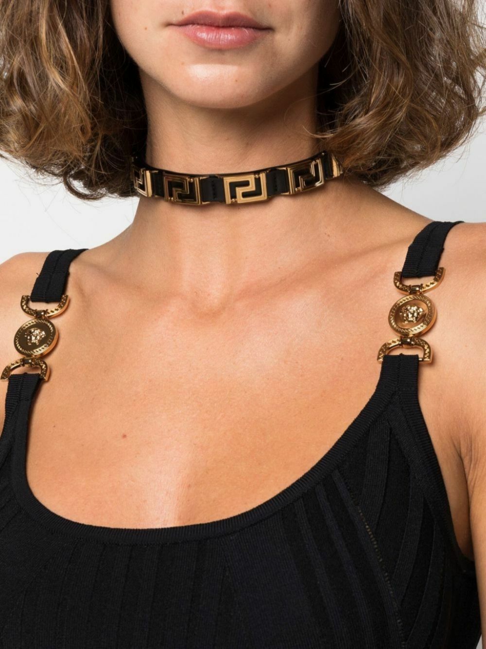 Versace Black La Greca Leather Choker Necklace Versace