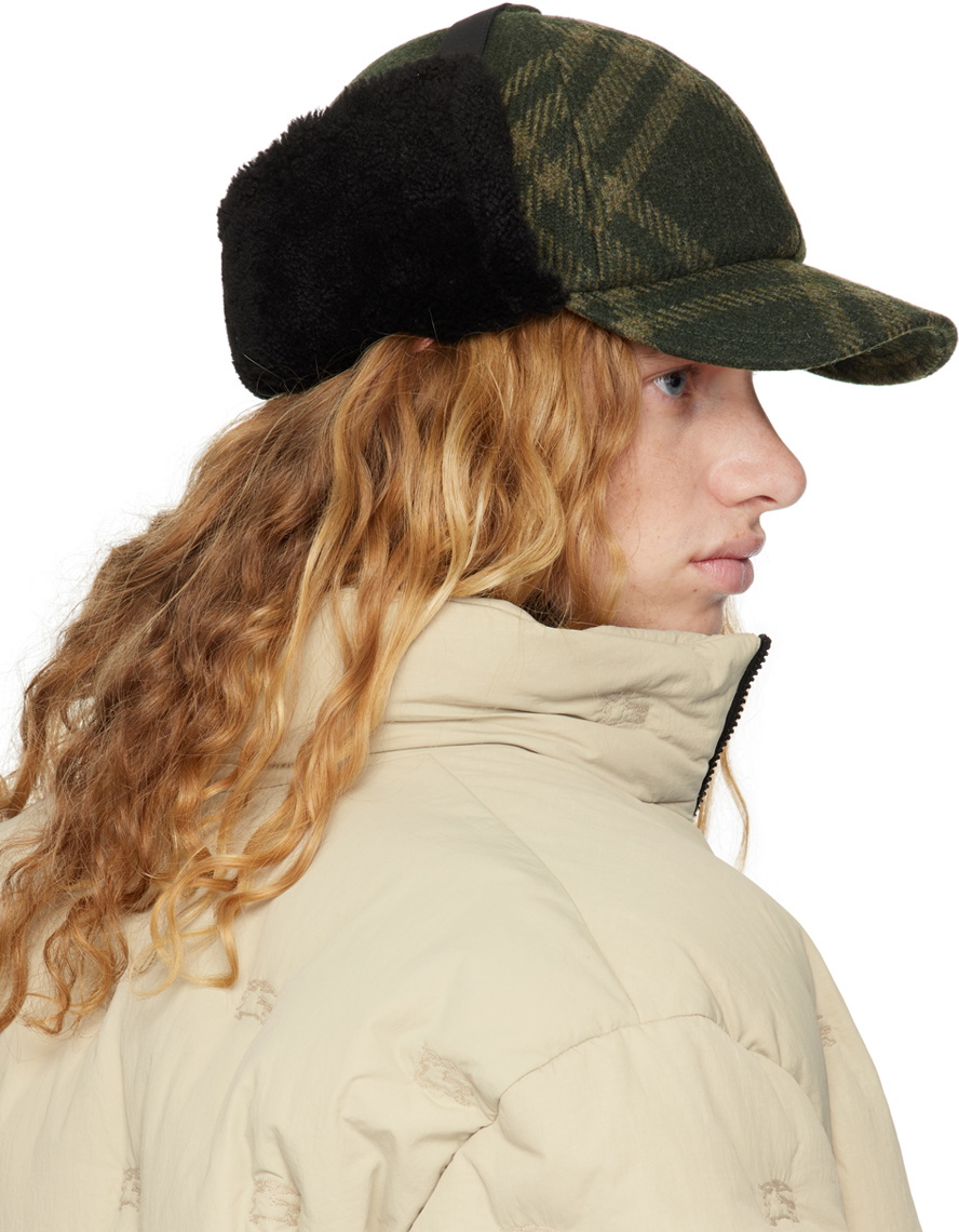 Burberry Green Shearling Trim Corduroy Trapper Cap Burberry