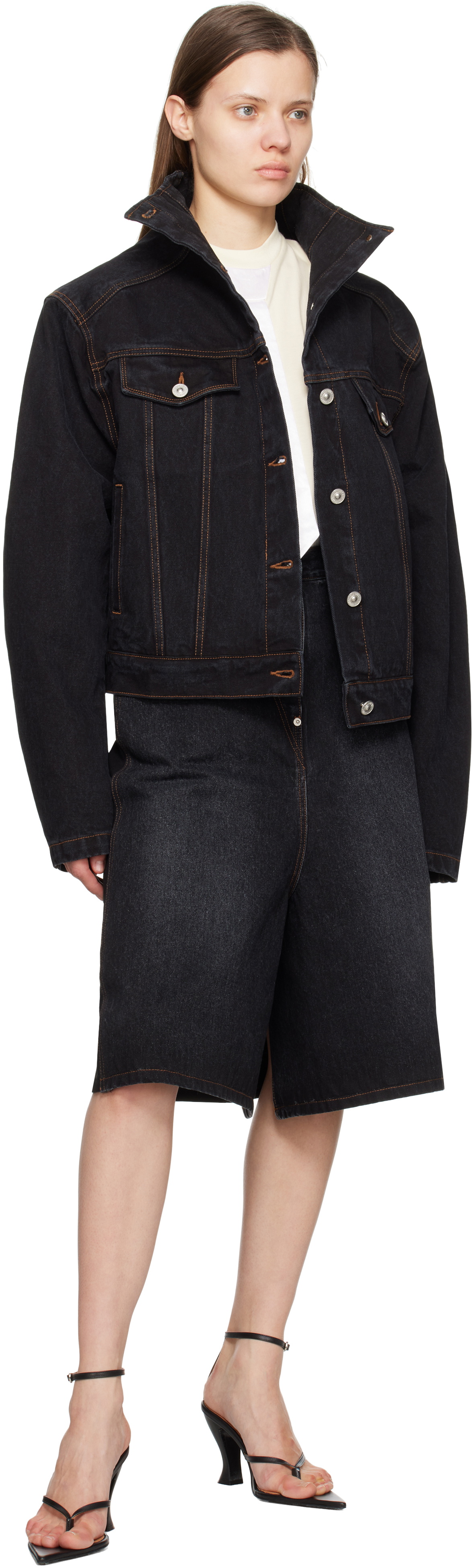 Pushbutton Black High Neck Denim Jacket Pushbutton