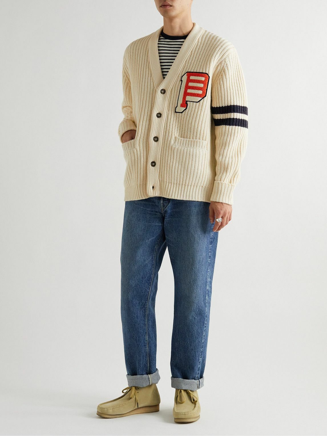 Beams Plus - Logo-Appliquéd Ribbed Wool-Blend Cardigan - Neutrals Beams ...