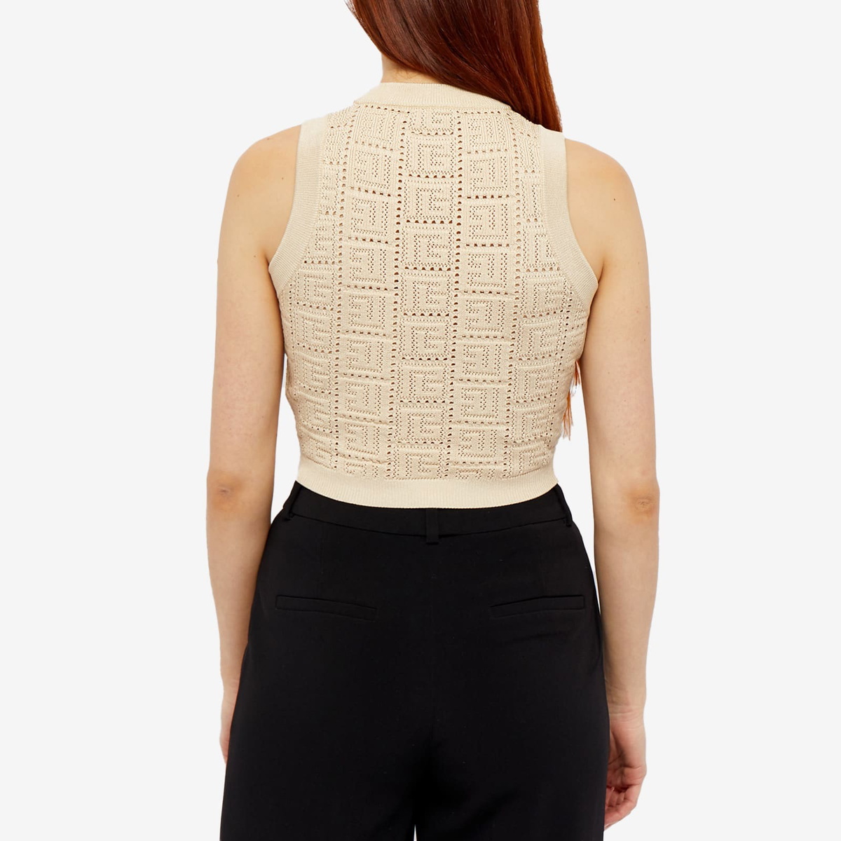 Balmain Women's Sleeveless Monogram Mesh Knit Crop Top in String Balmain