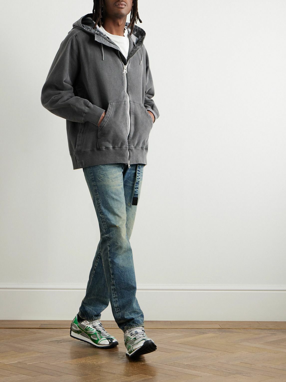 Sacai - Canvas-Trimmed Garment-Dyed Cotton-Jersey Zip-Up Hoodie - Gray Sacai