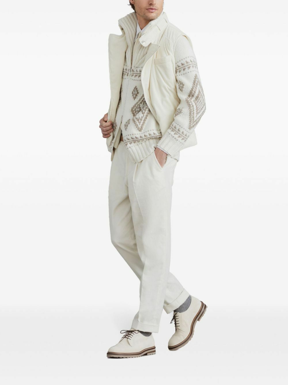 Brunello Cucinelli Neutral Intarsia-Knit Zip-Up Cardigan Brunello Cucinelli
