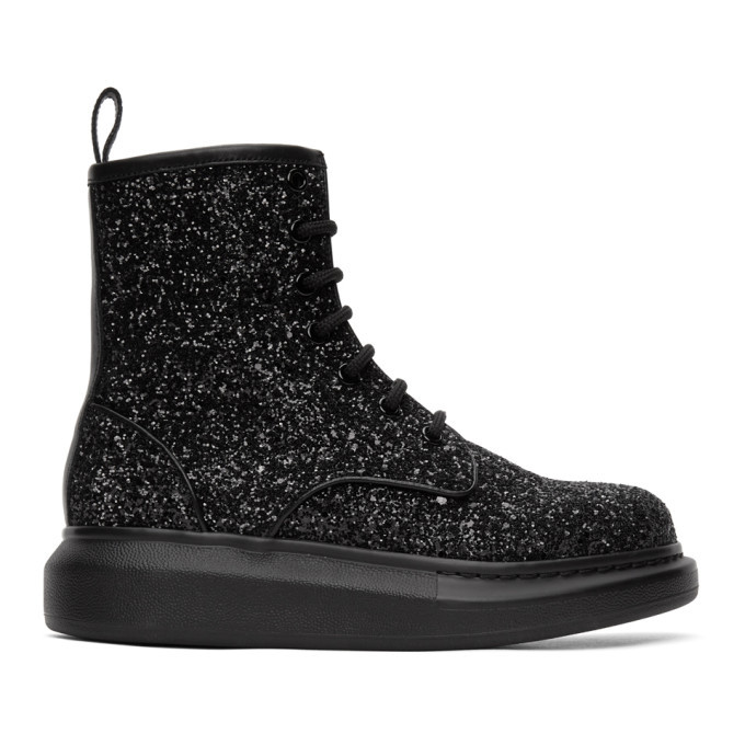 Alexander McQueen Black Glitter Combat Boot Alexander McQueen