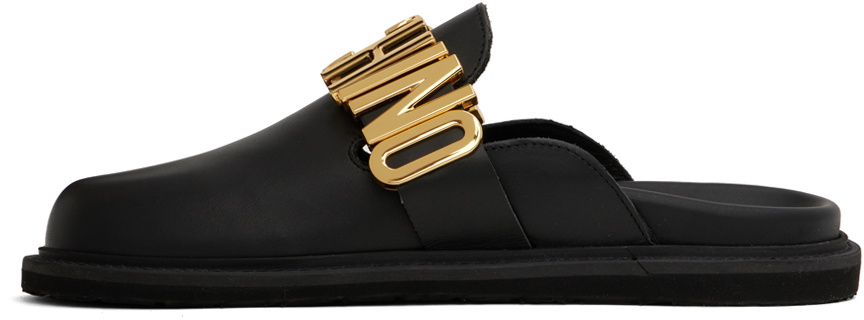 Moschino Black Lettering Logo Calfskin Mules Moschino