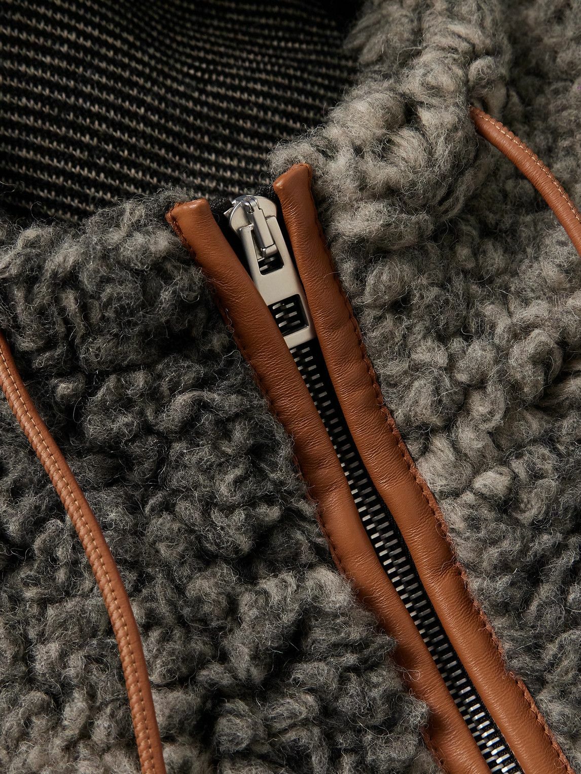 LOEWE - Leather-Trimmed Logo-Jacquard Fleece Hooded Jacket - Gray Loewe