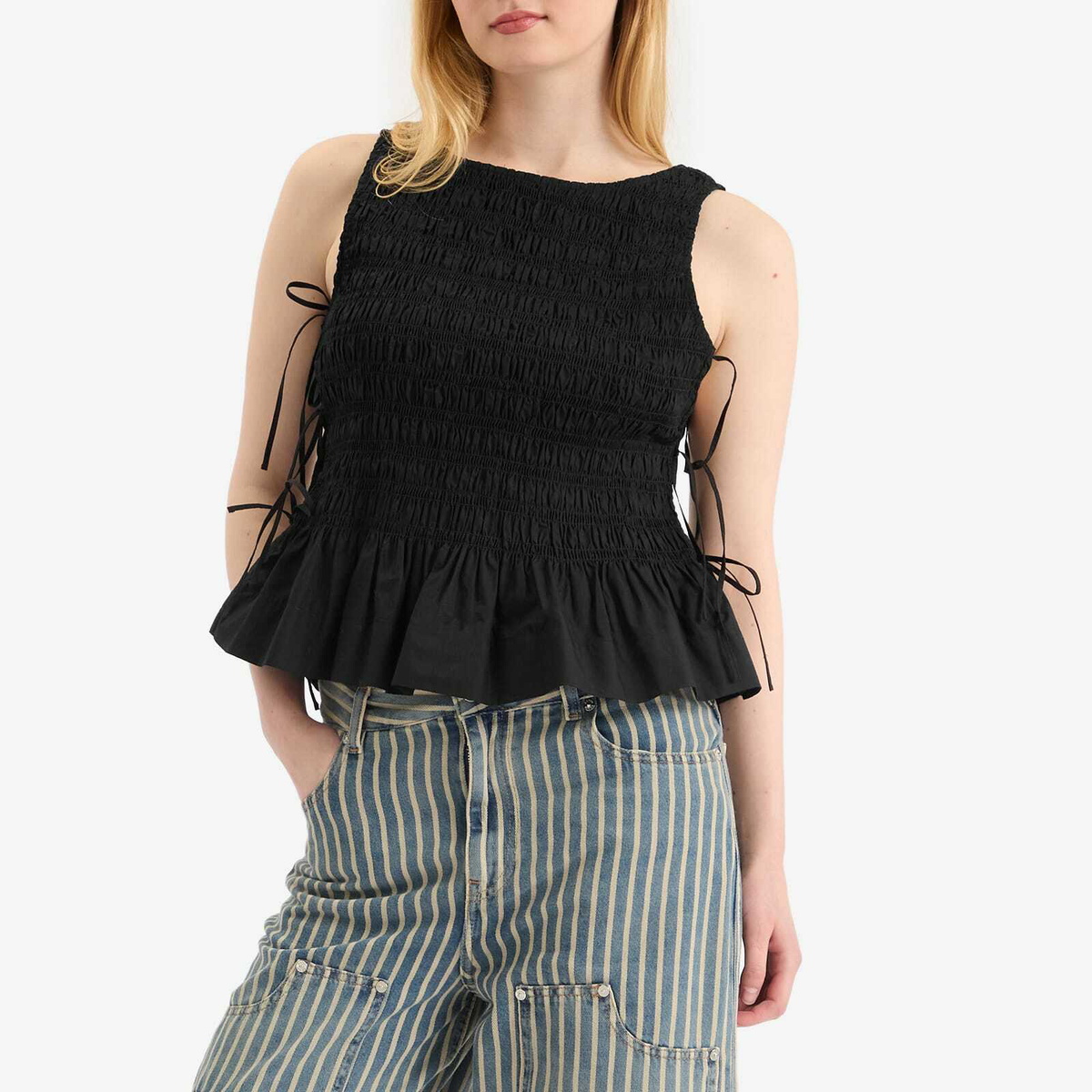 GANNI Women's Cotton Poplin Smock Tie String Top in Black GANNI