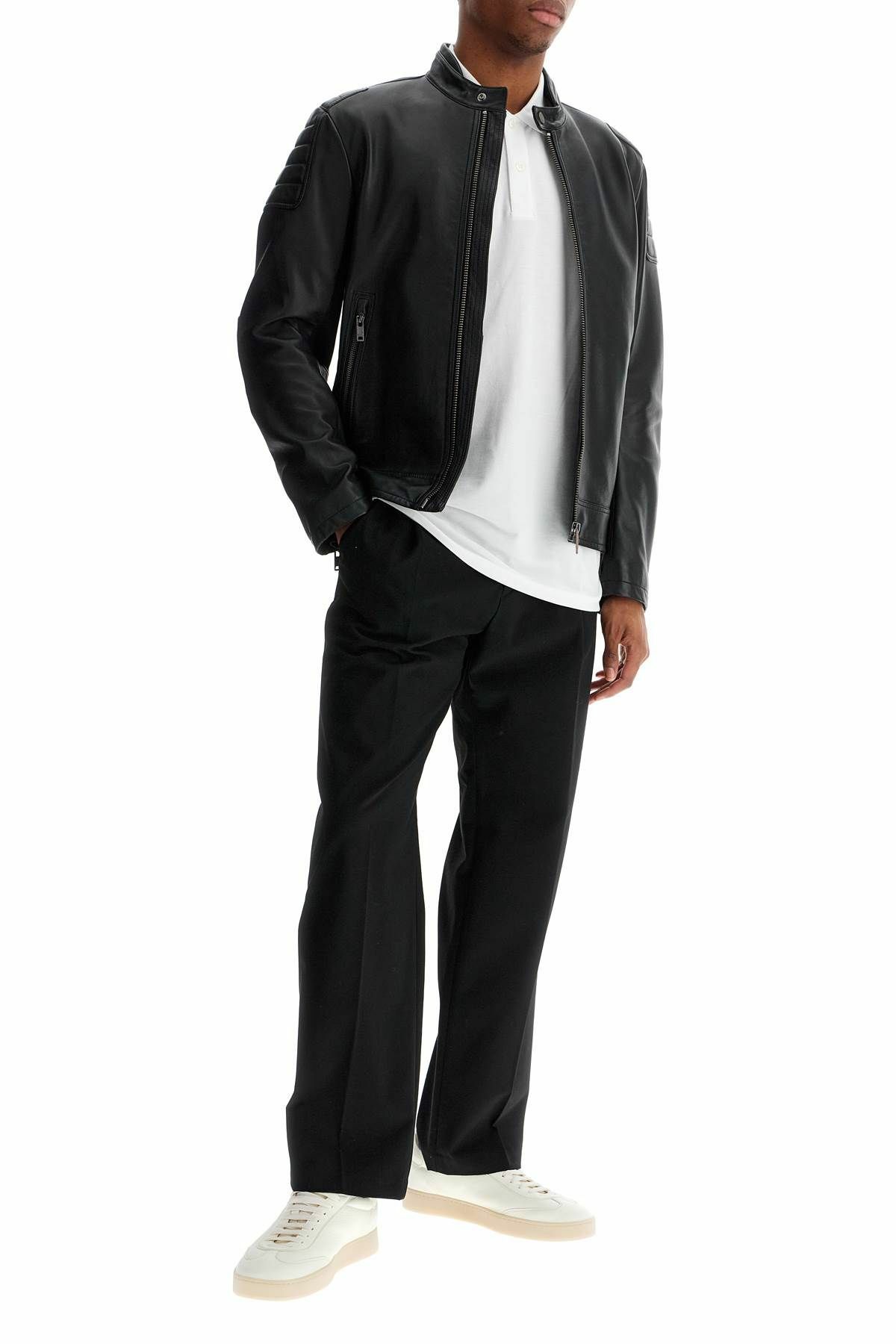 BOSS black leather jacket with high collar and quilted details Black BOSS