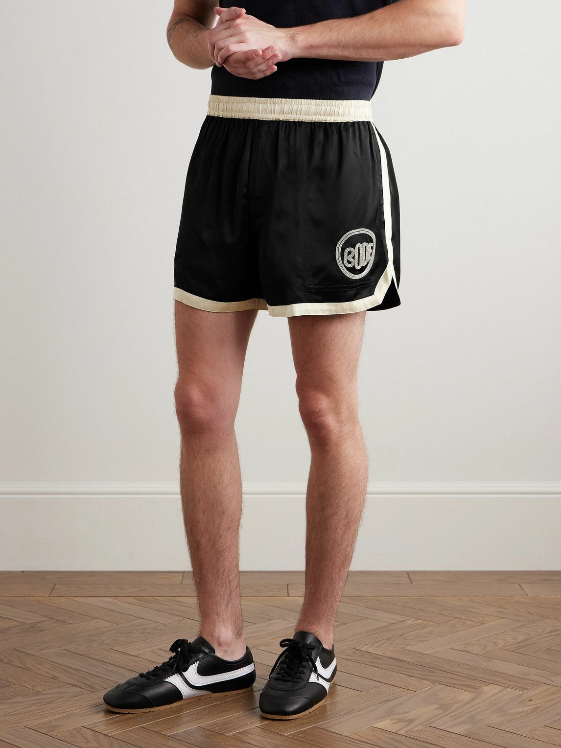 BODE - Straight-Leg Bead-Embellished Satin Shorts - Black Bode