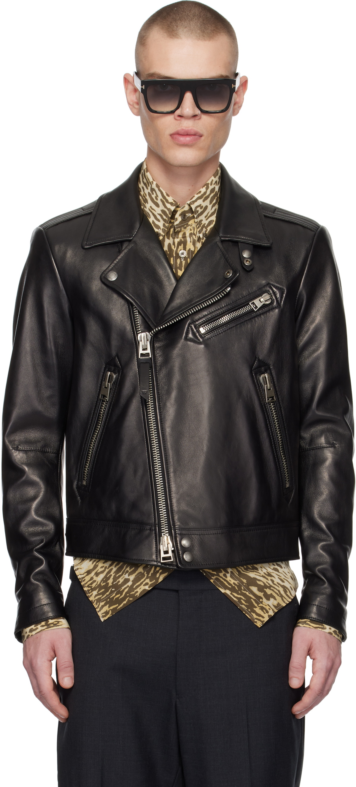 TOM FORD Black Grain Leather Asymmetric Biker Jacket TOM FORD
