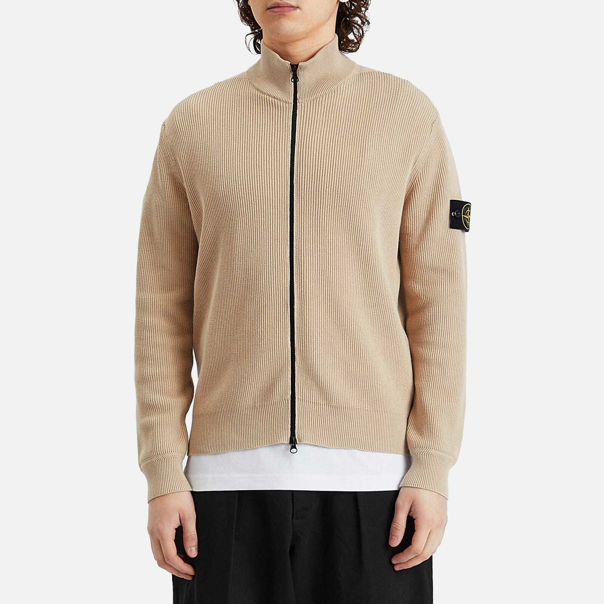 Stone Island Men's Ribbed Cotton Full Zip Cardigan in Desert Stone Island