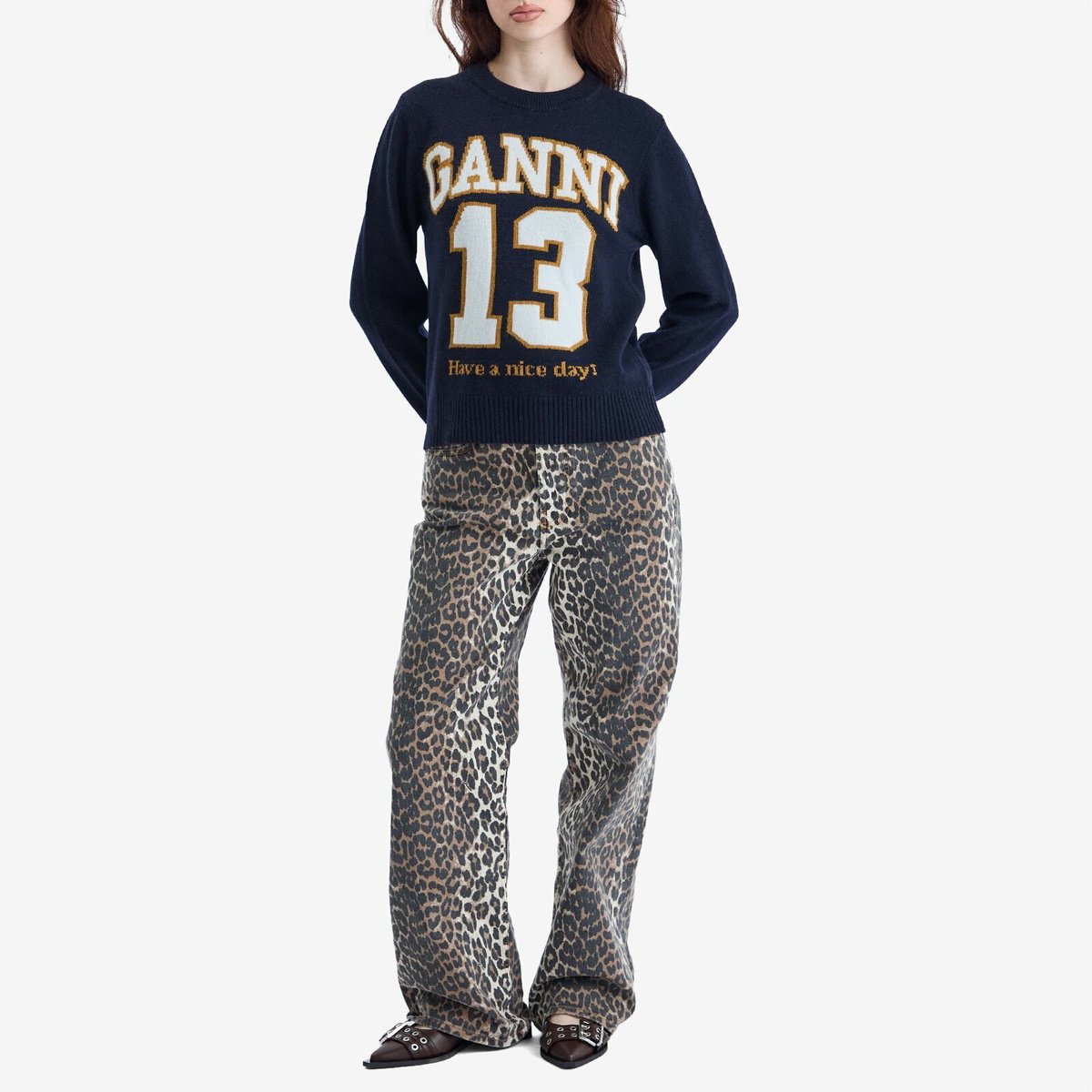 GANNI Women's Graphic Wool Baseball Jumper in Sky Captain GANNI