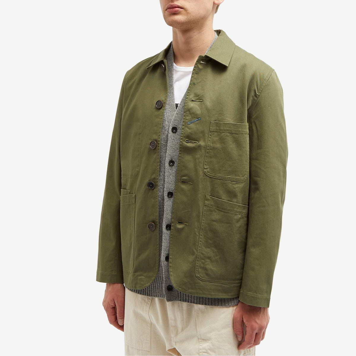 Universal Works Men's Twill Bakers Jacket in Light Olive Universal Works