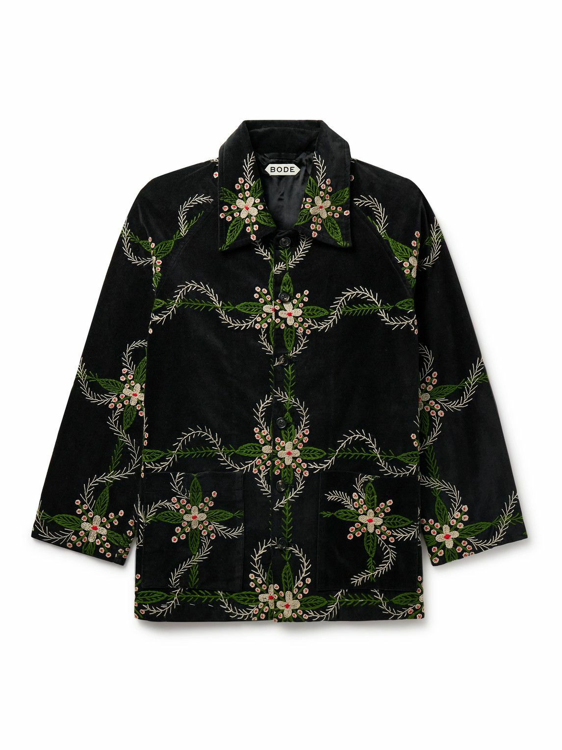 BODE - Rosemallow Embroidered Cotton-Velvet Jacket - Black Bode