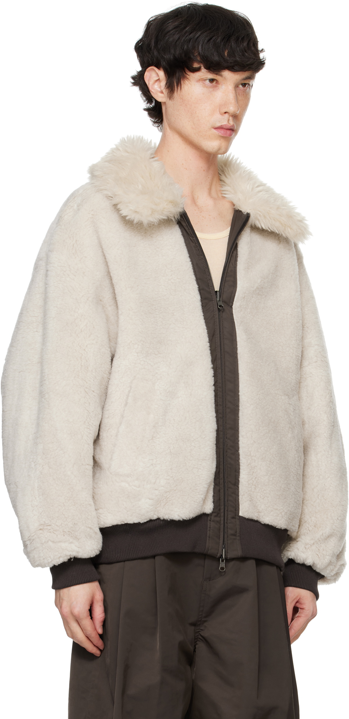 AMOMENTO Brown Oversized Shearing Reversible Bomber Jacket AMOMENTO