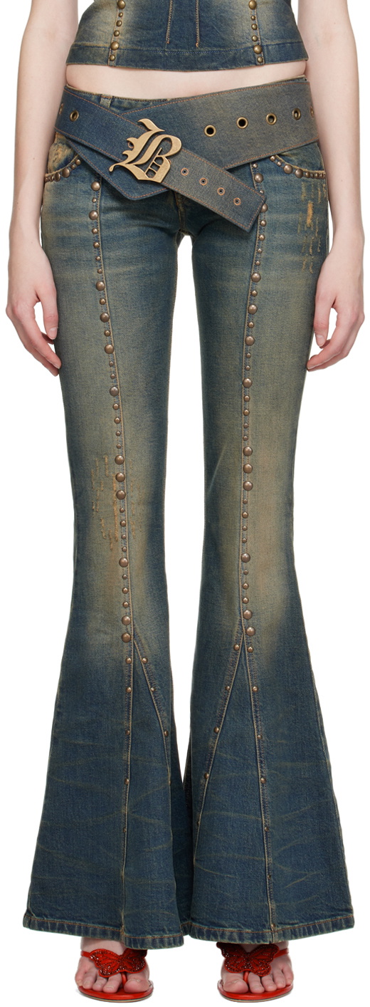 Blumarine Blue & Beige Bell-Bottom Jeans Blumarine