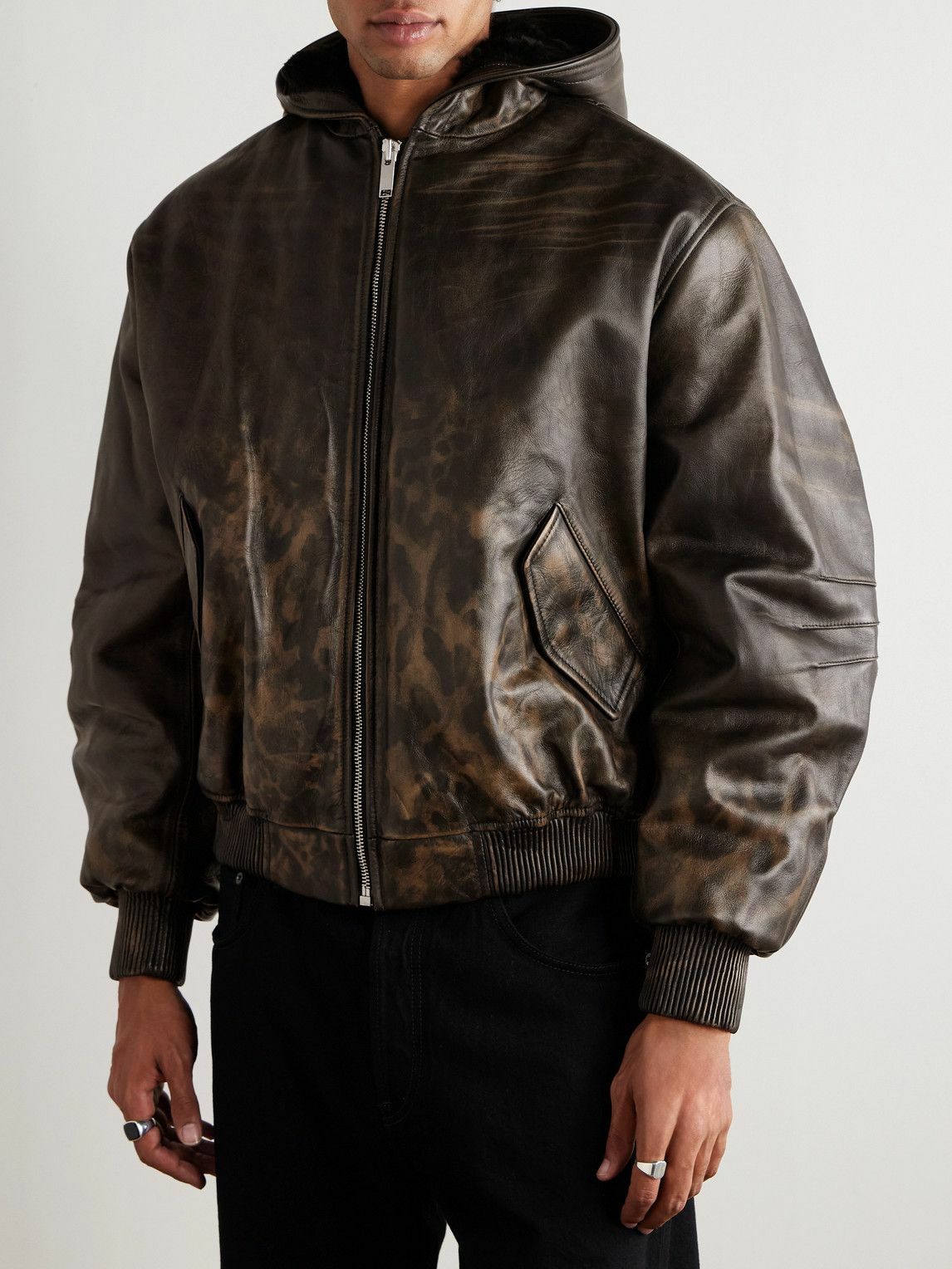 424 - Cropped Leopard-Print Padded Leather Hooded Bomber Jacket - Black 424