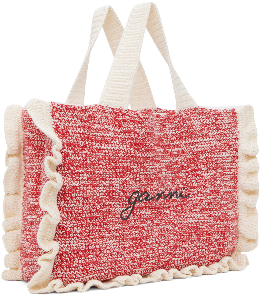 GANNI Red & White Cotton Crochet Frill Tote GANNI