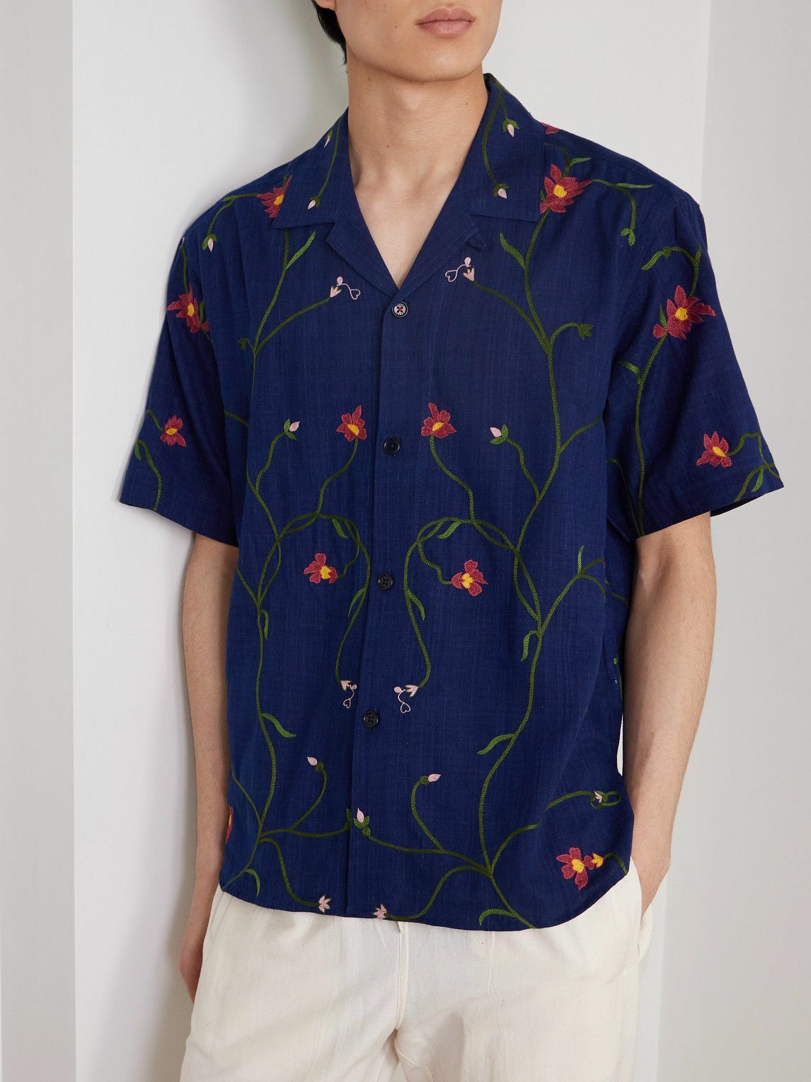 Kardo - Ronen Convertible-Collar Embroidered Cotton Shirt - Blue Kardo