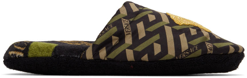 Versace Black & Khaki La Greca Slippers Versace