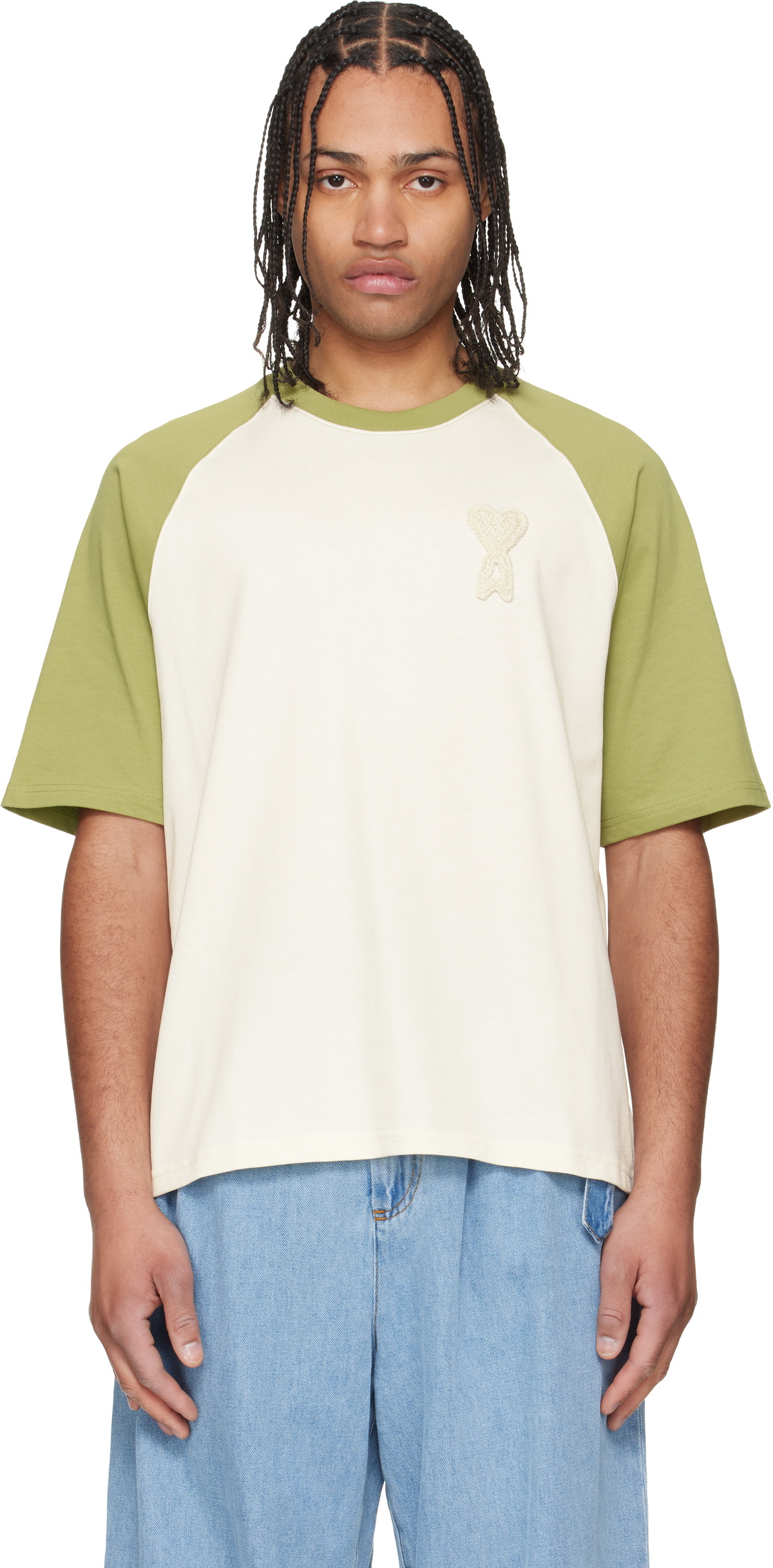 AMI Paris White & Green Cotton Ami de Coeur Knitted Patch T-shirt AMI