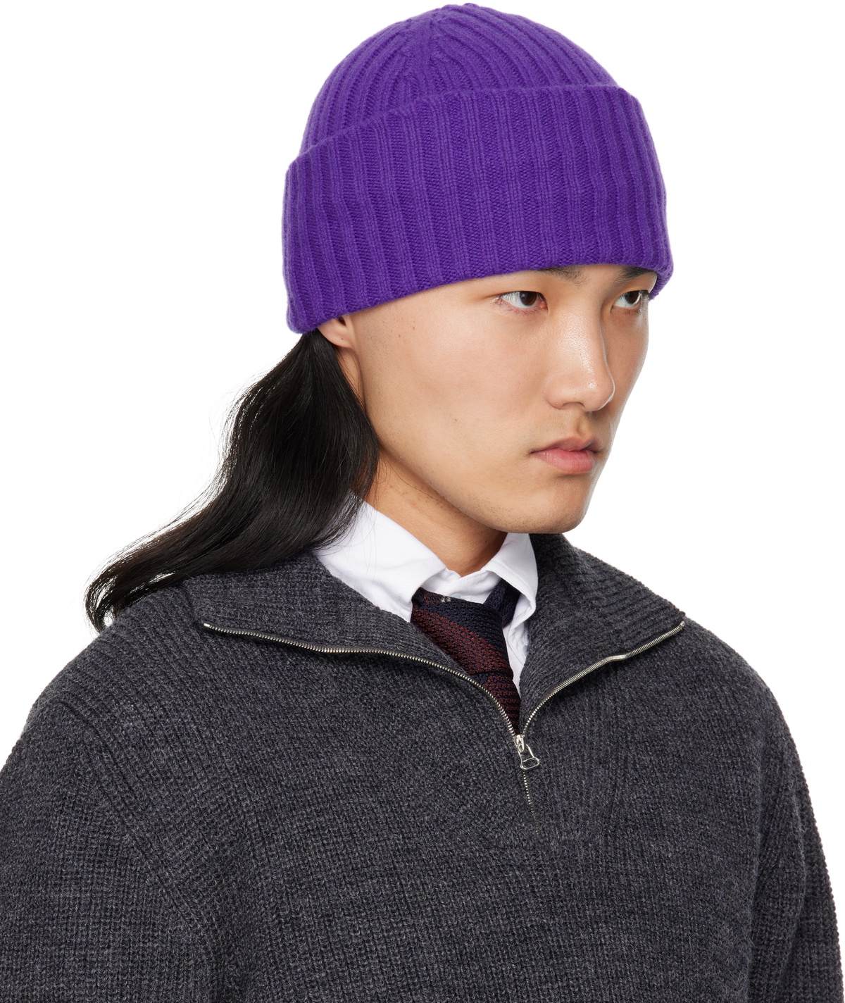 Drake's Purple Lambswool Ribbed Knit Beanie Drake's