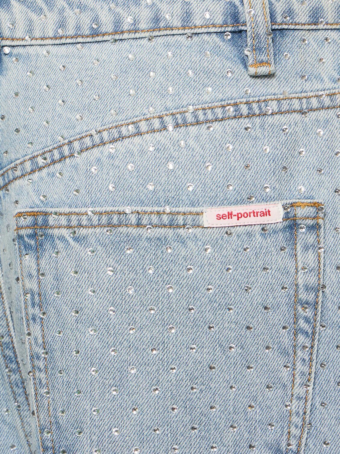 SELF-PORTRAIT - Embellished Cotton Denim Wide Jeans Self-Portrait