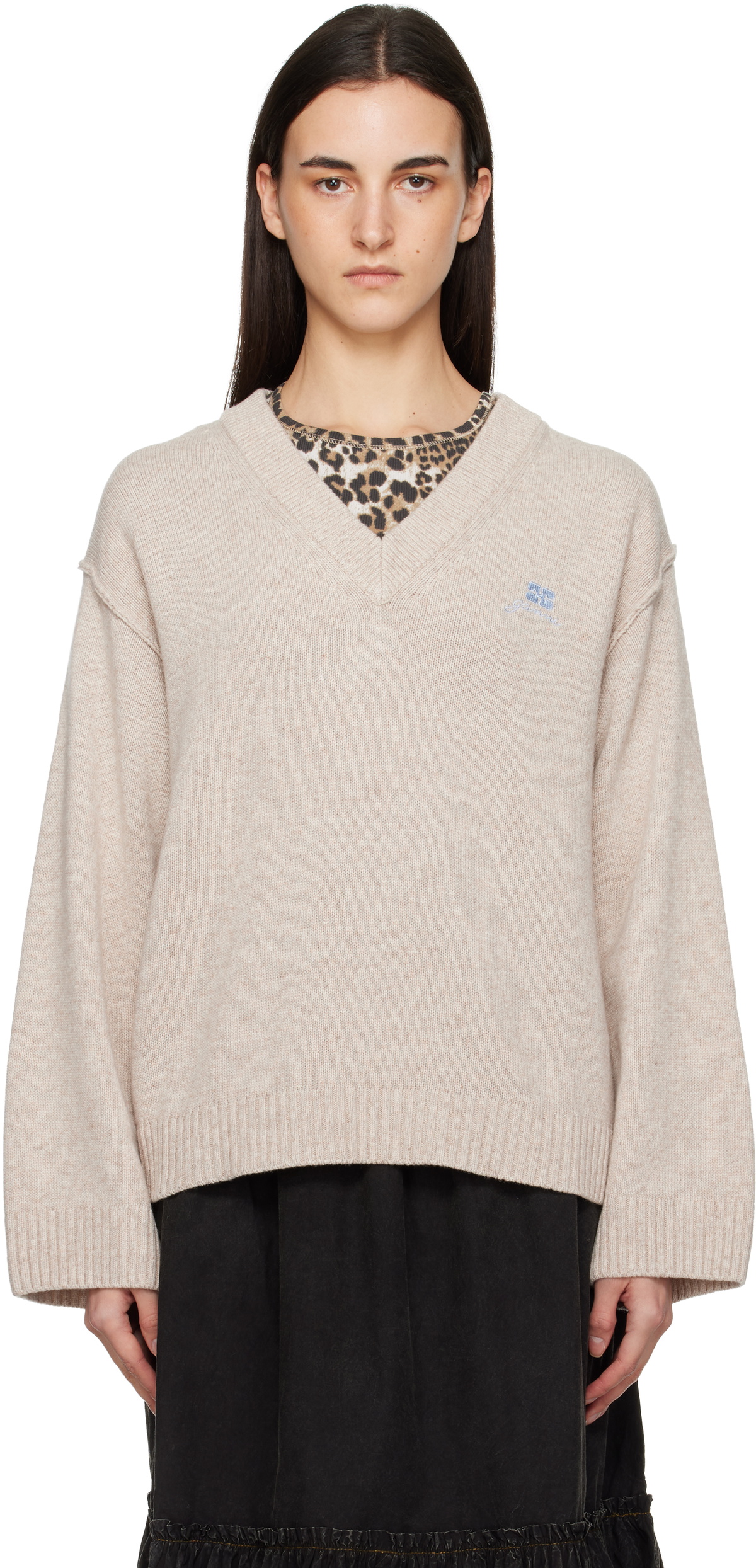 GANNI Beige Wool Mix V-neck Jumper Sweater GANNI