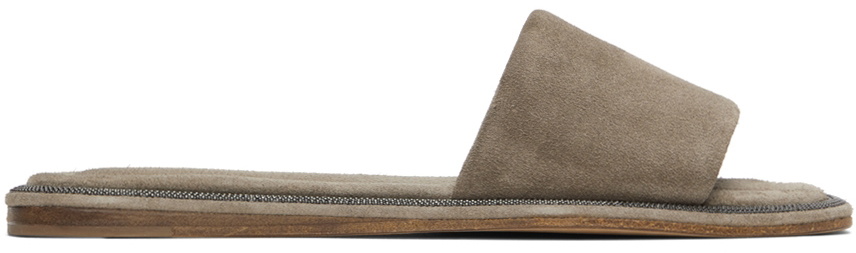 Brunello Cucinelli Taupe Suede Slides Brunello Cucinelli