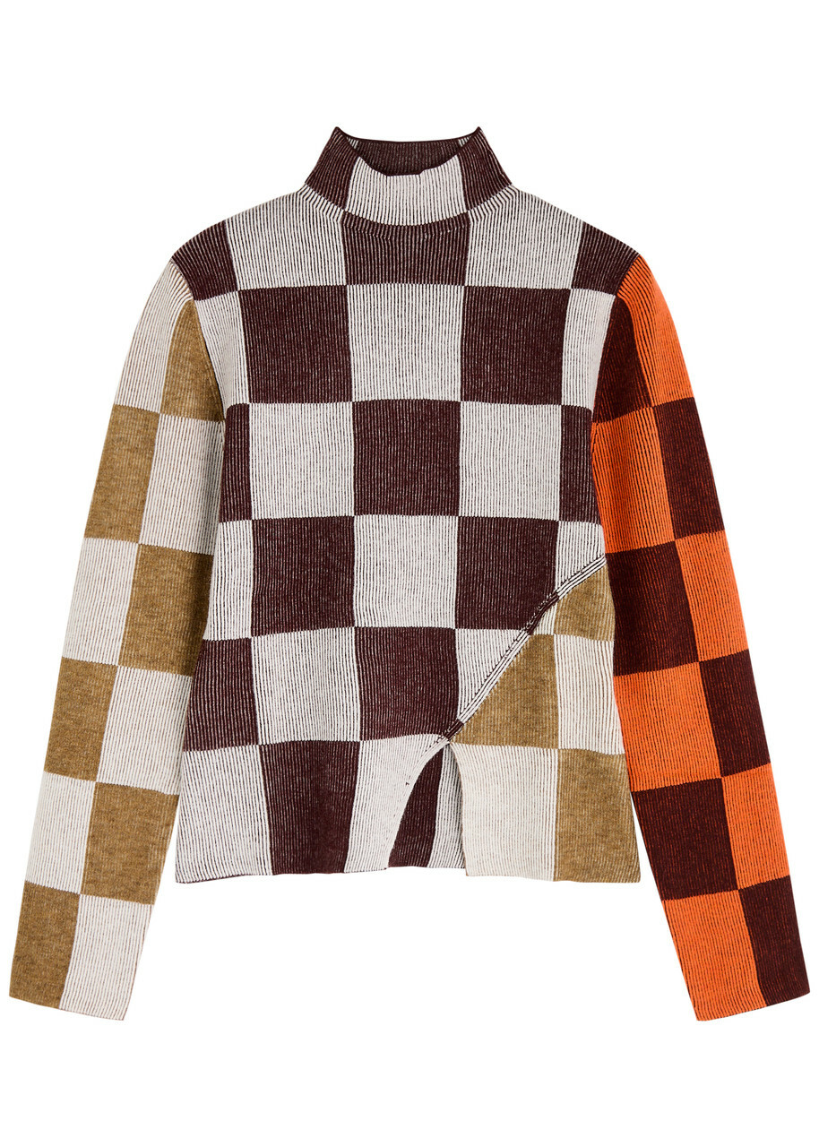 Stine Goya Colour-block Checked Ribbed-knit Jumper Brown Stine Goya