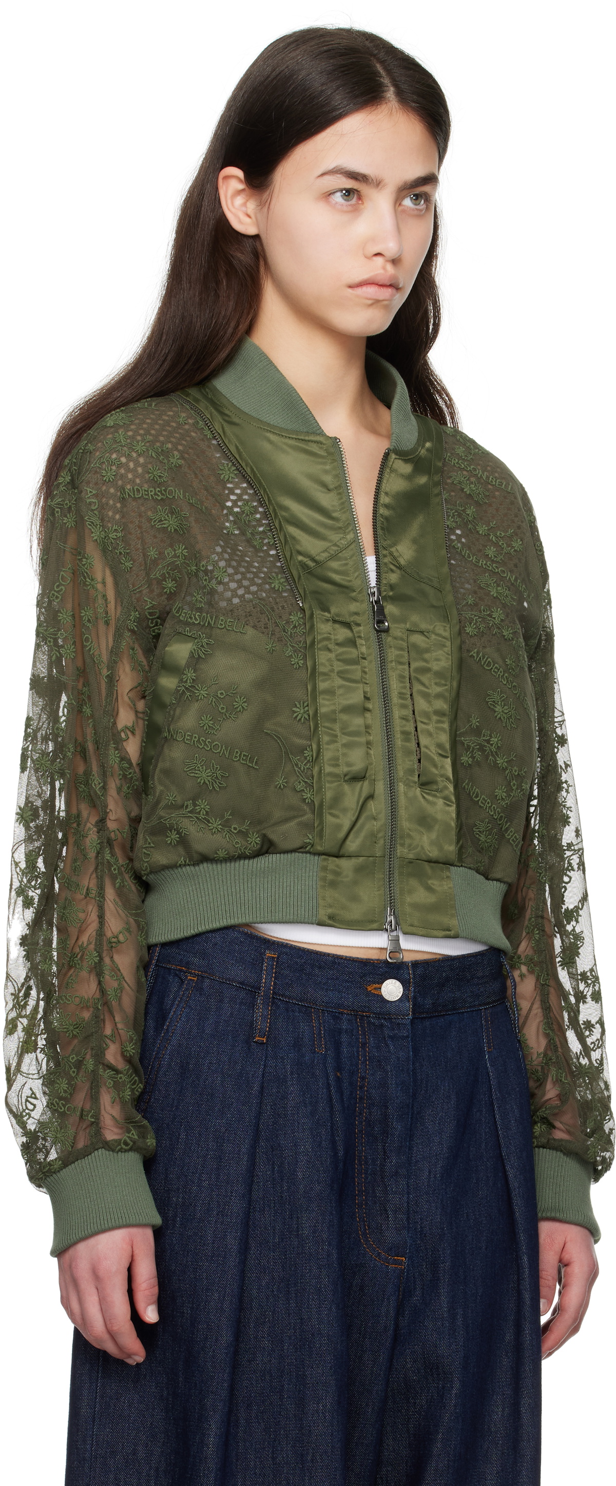 Andersson Bell Khaki Layered Logo Lace Short Bomber Jacket Andersson Bell