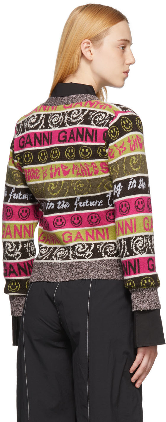 GANNI Green & Pink Wool Mix Knit Cardigan GANNI