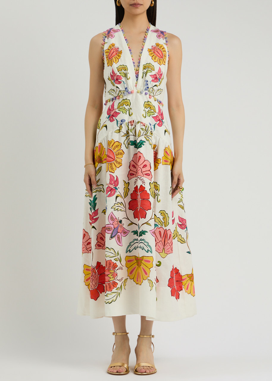 Farm Rio Floral Insects Printed Linen Midi Dress White Farm Rio