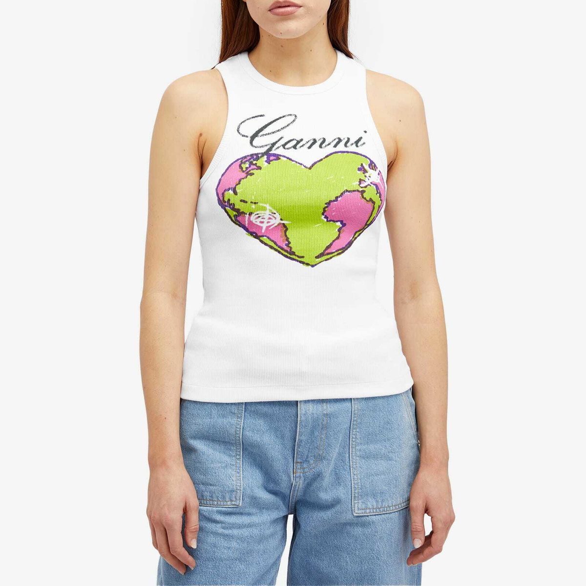 GANNI Women's Graphic Rib Heart Tank Top in Bright White GANNI