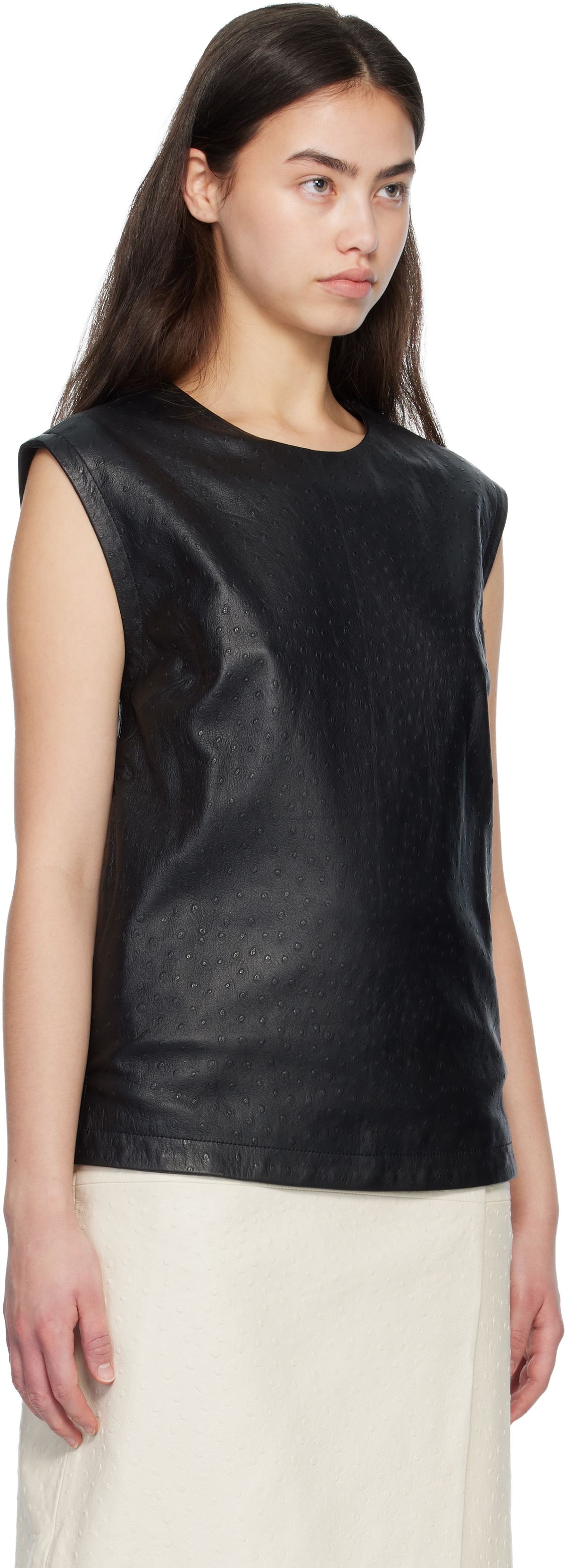 Loulou de Saison Black FIZA Ostrich-Effect Leather Blouse Loulou Studio